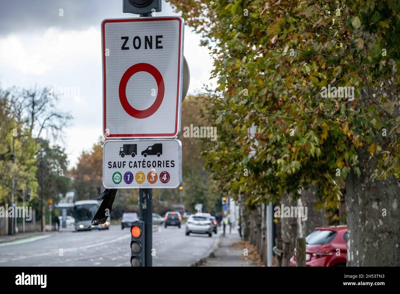 ZFE sign indicating vehicles authorized to enter the city. In Toulouse ...
