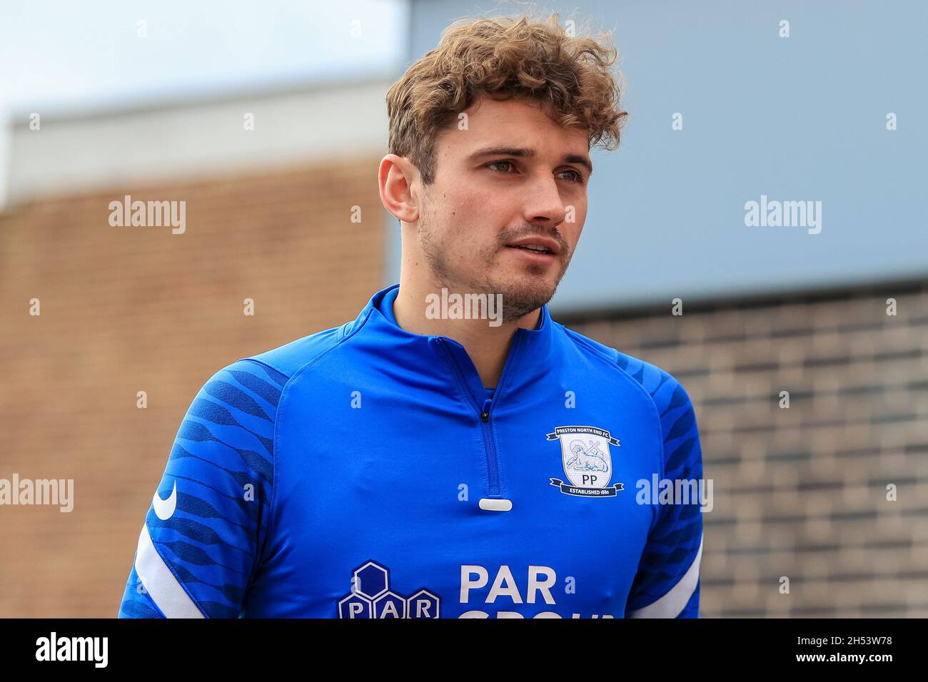 Ryan Ledson #18 of Preston North End gets off the team bus on arrival ...