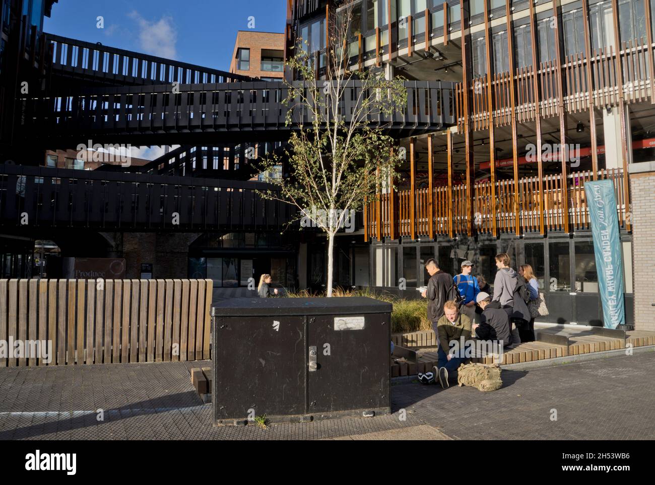 People walking around the new Hawley Wharf housing, shoping and offices ...