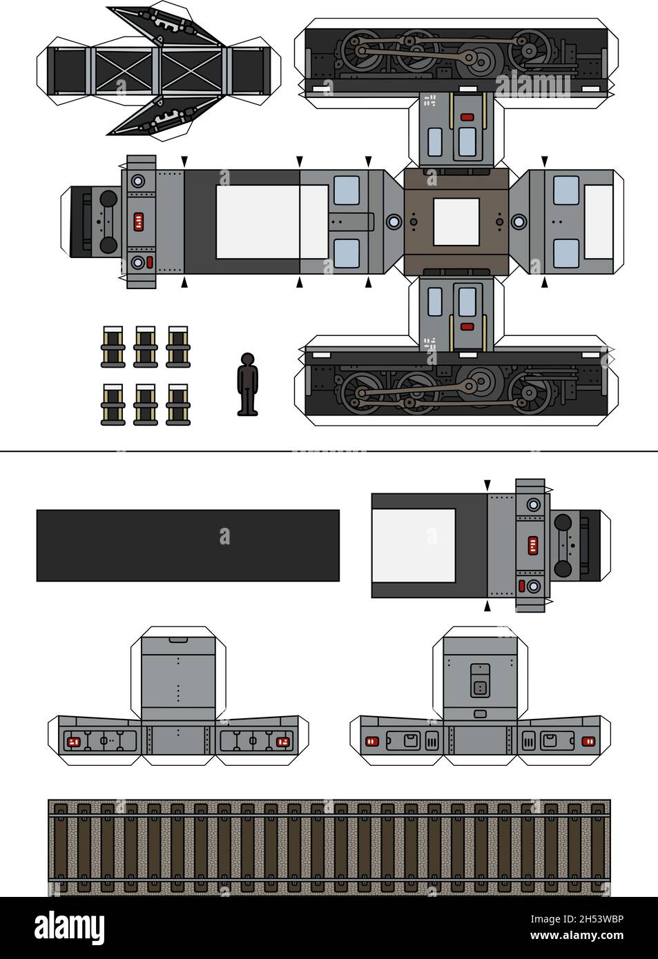 The vector paper model of a vintage gray small electric locomotive ...