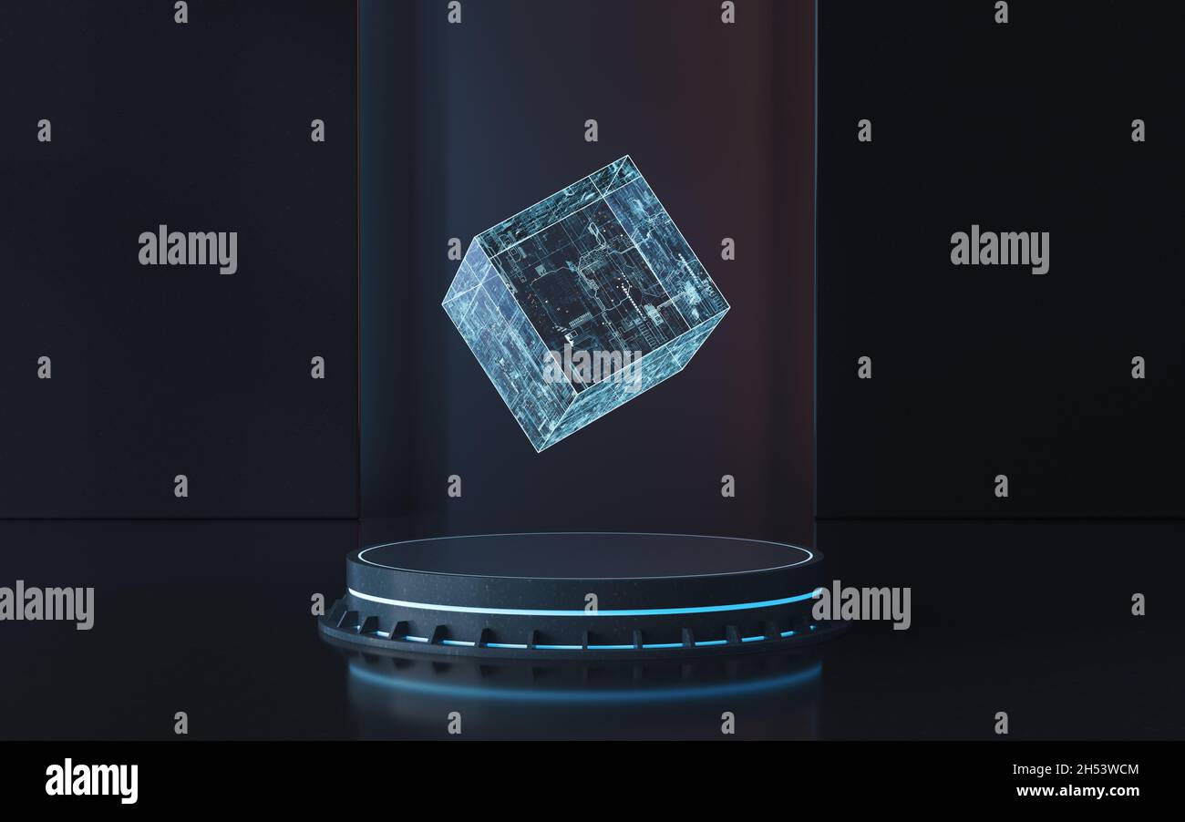 Circuit cube float in the air, 3d rendering. Computer digital drawing ...