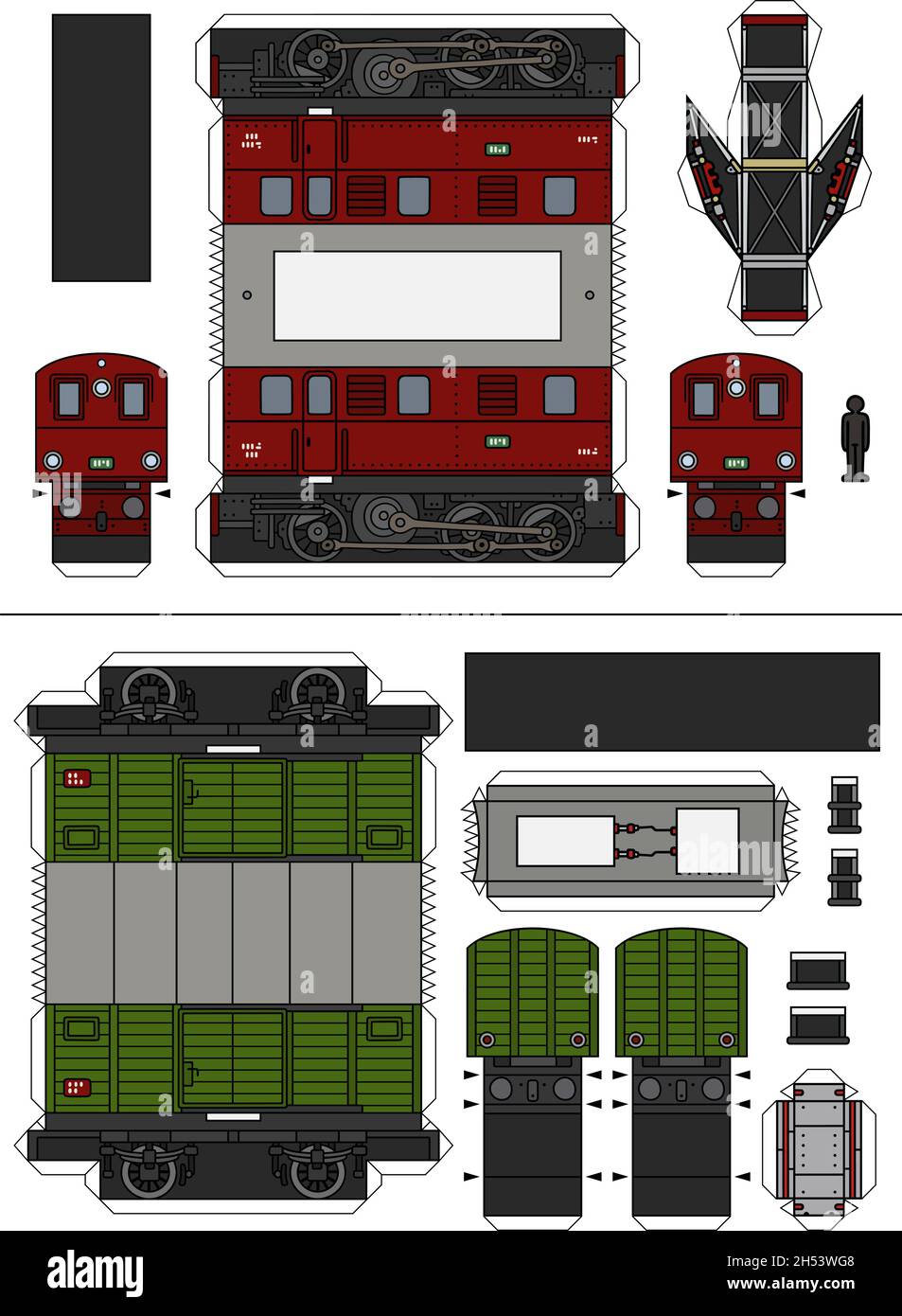 The vector paper model of a vintage dark red electric locomotive and ...