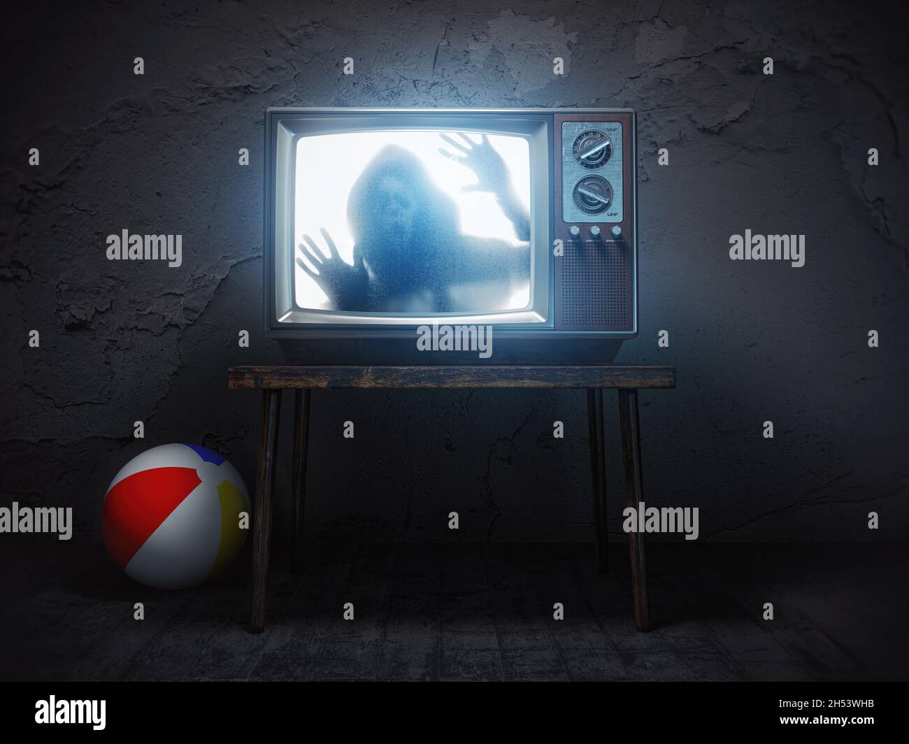 Horror scary movie concept. Ghost silhouette on screen of vintage tv in ...