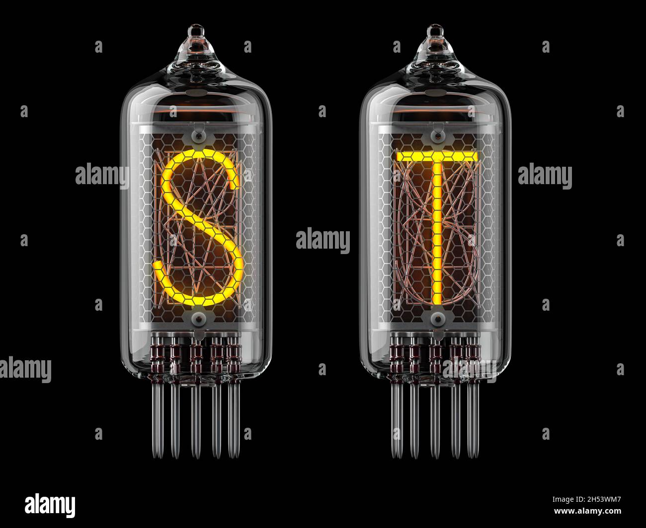 Nixie tube indicator. Letters s and t on black background. 3d ...