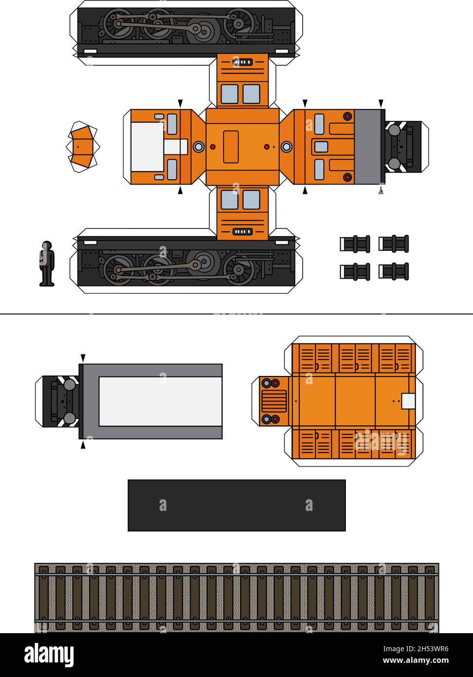 The vector paper model of a vintage orange small diesel locomotive ...