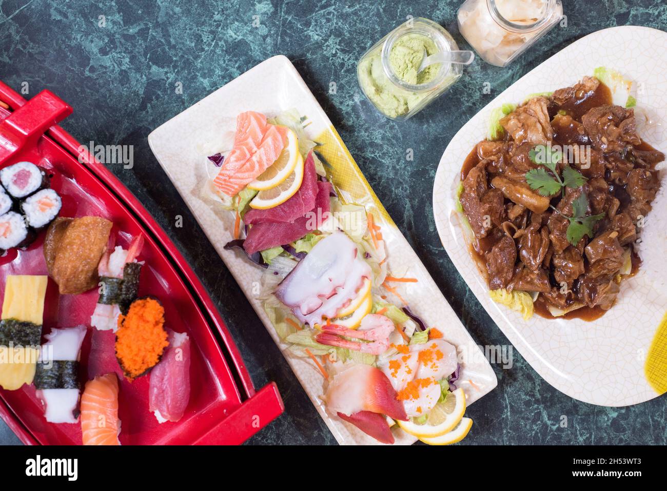 Sheffield, UK – 08 March 2018: Japanese sushi and beef curry and rice ...
