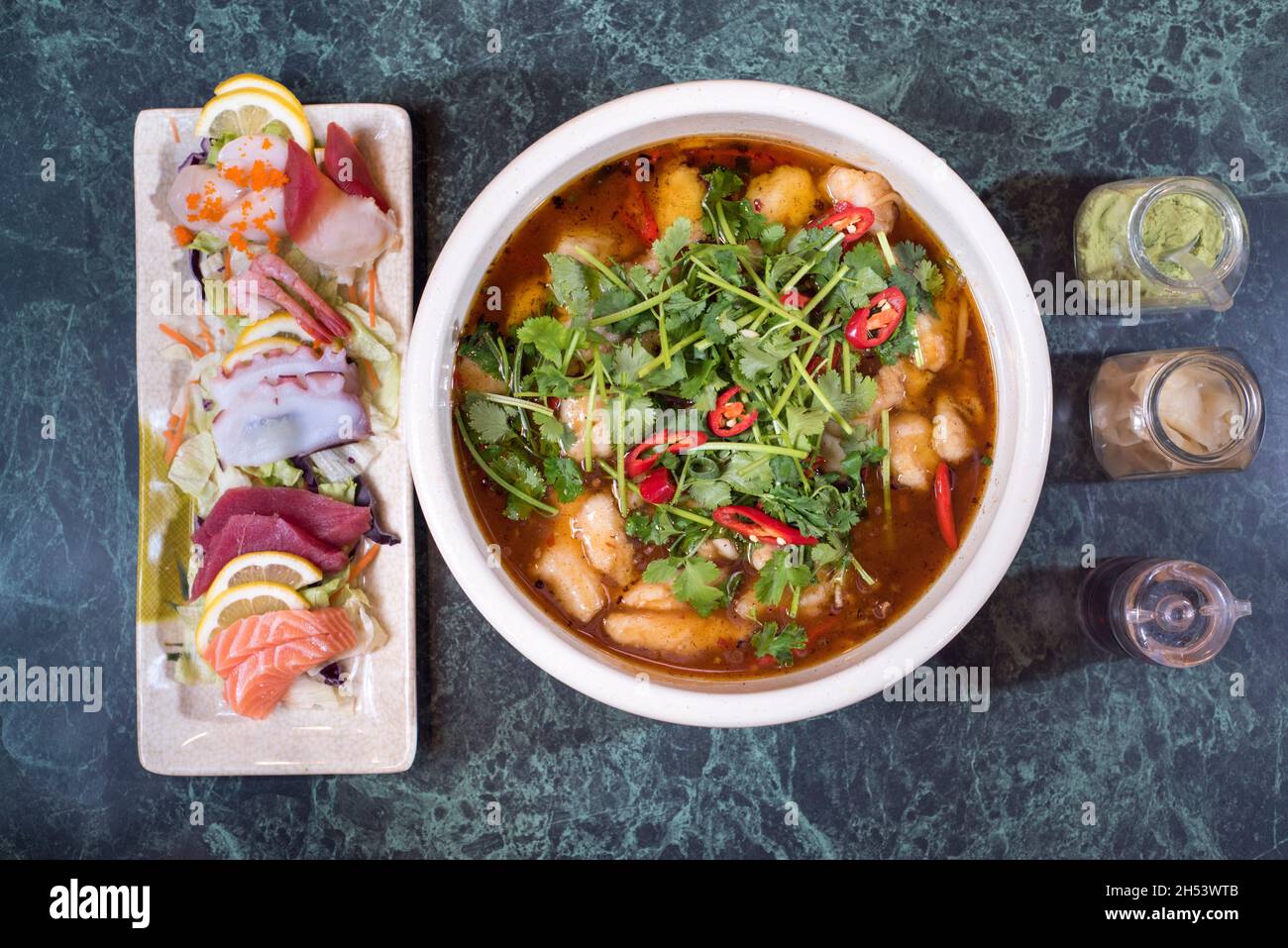 Sheffield, UK – 08 March 2018: Japanese sushi and seafood hotpot with ...