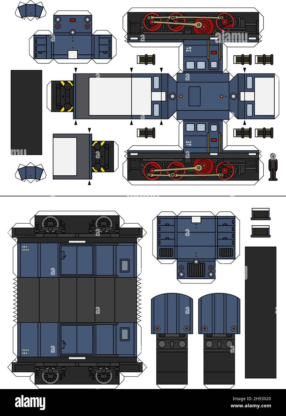 The vector paper model of a vintage blue small diesel locomotive and a ...