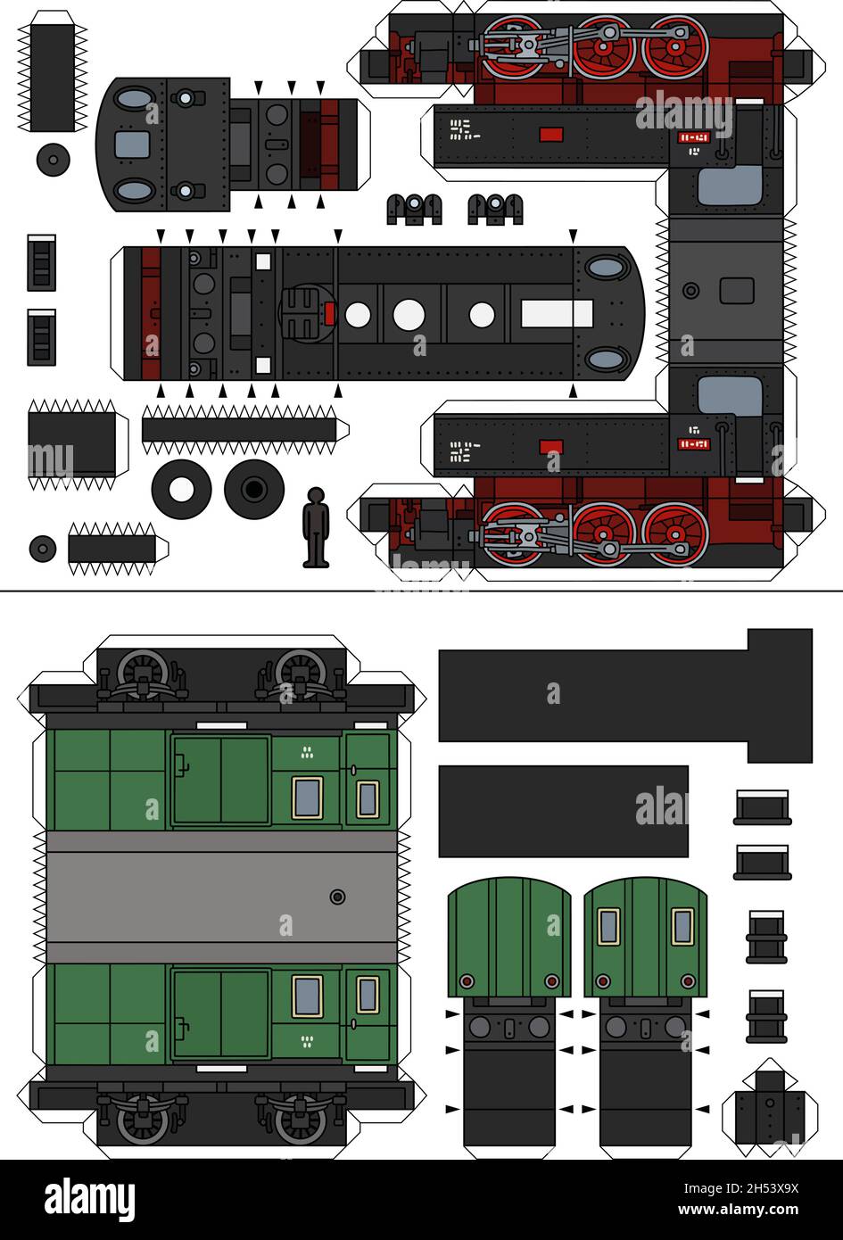The paper model of a vintage steam locomotive with the green post wagon ...