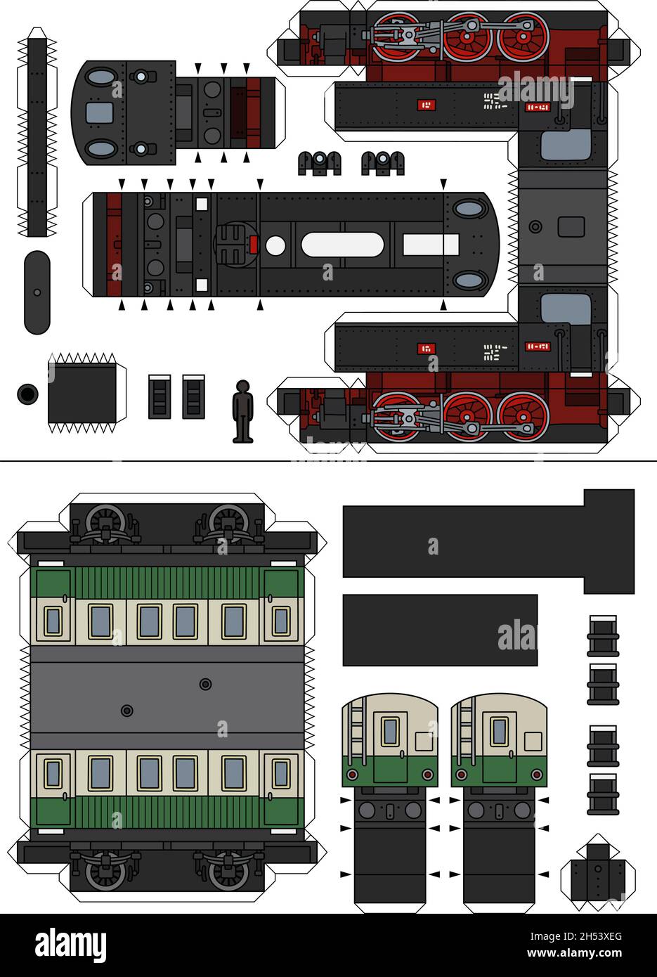 The paper model of a vintage steam locomotive with a passenger wagon ...