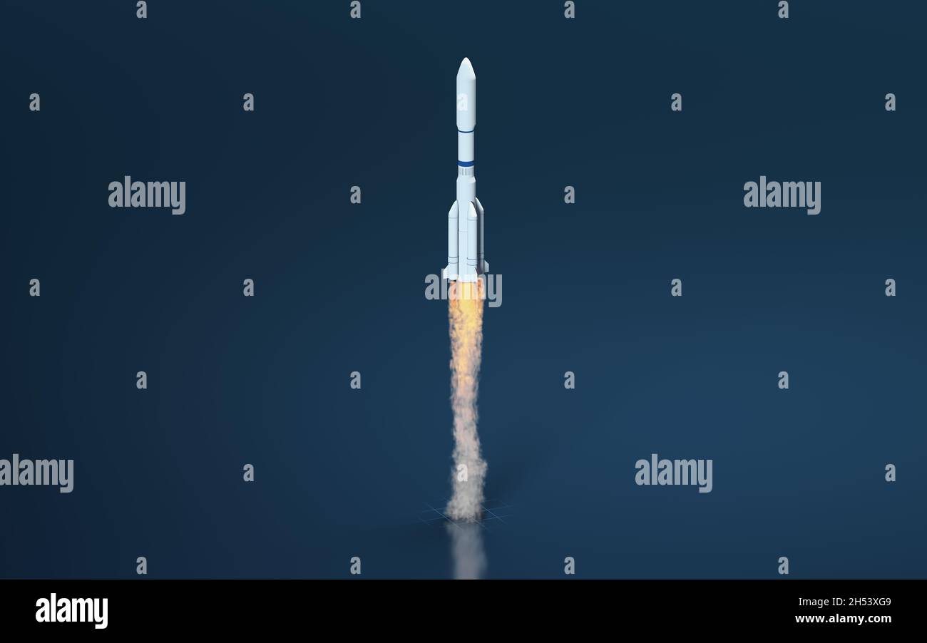 Rocket with blue background, 3d rendering. Computer digital drawing ...