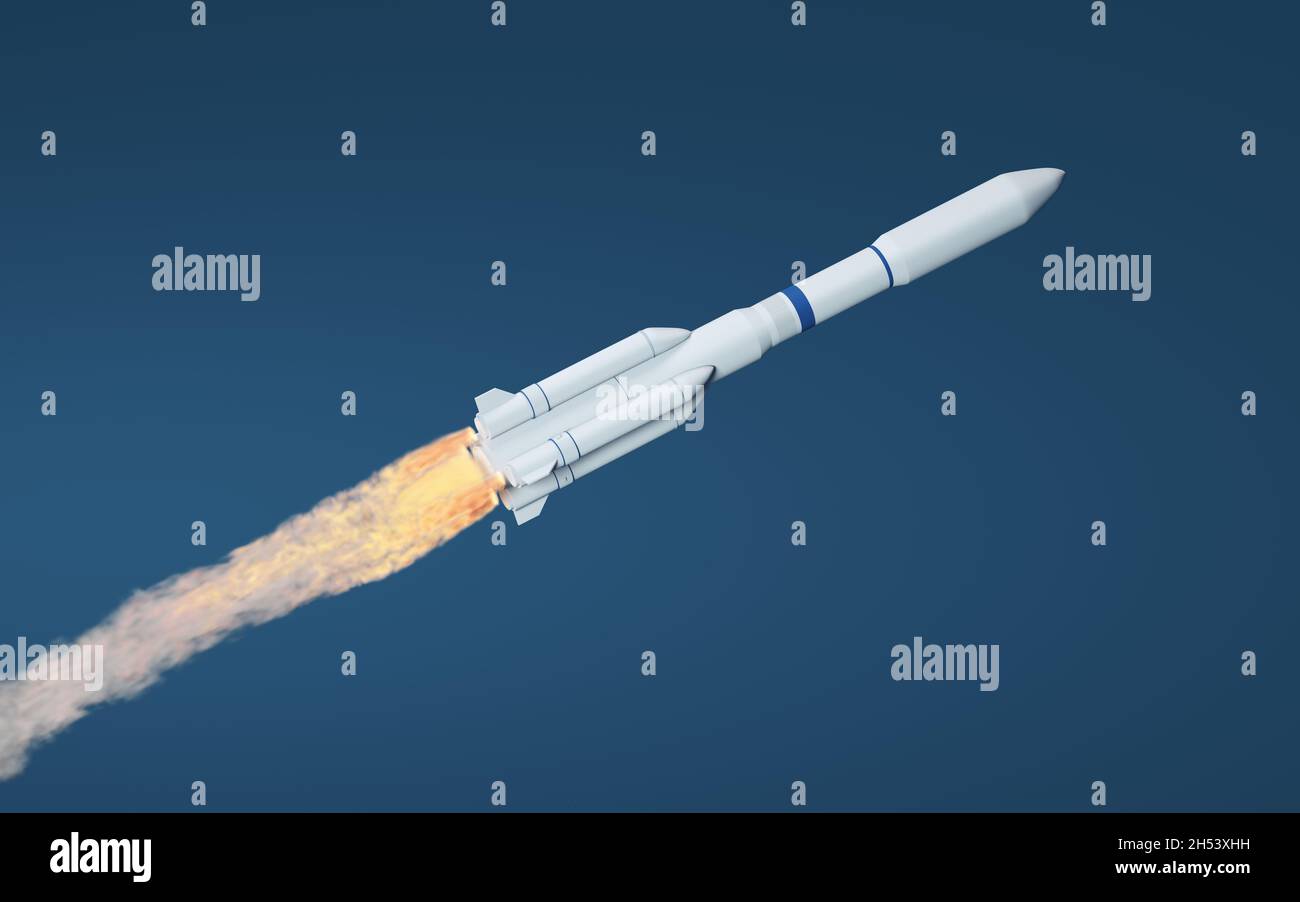 Rocket with blue background, 3d rendering. Computer digital drawing ...