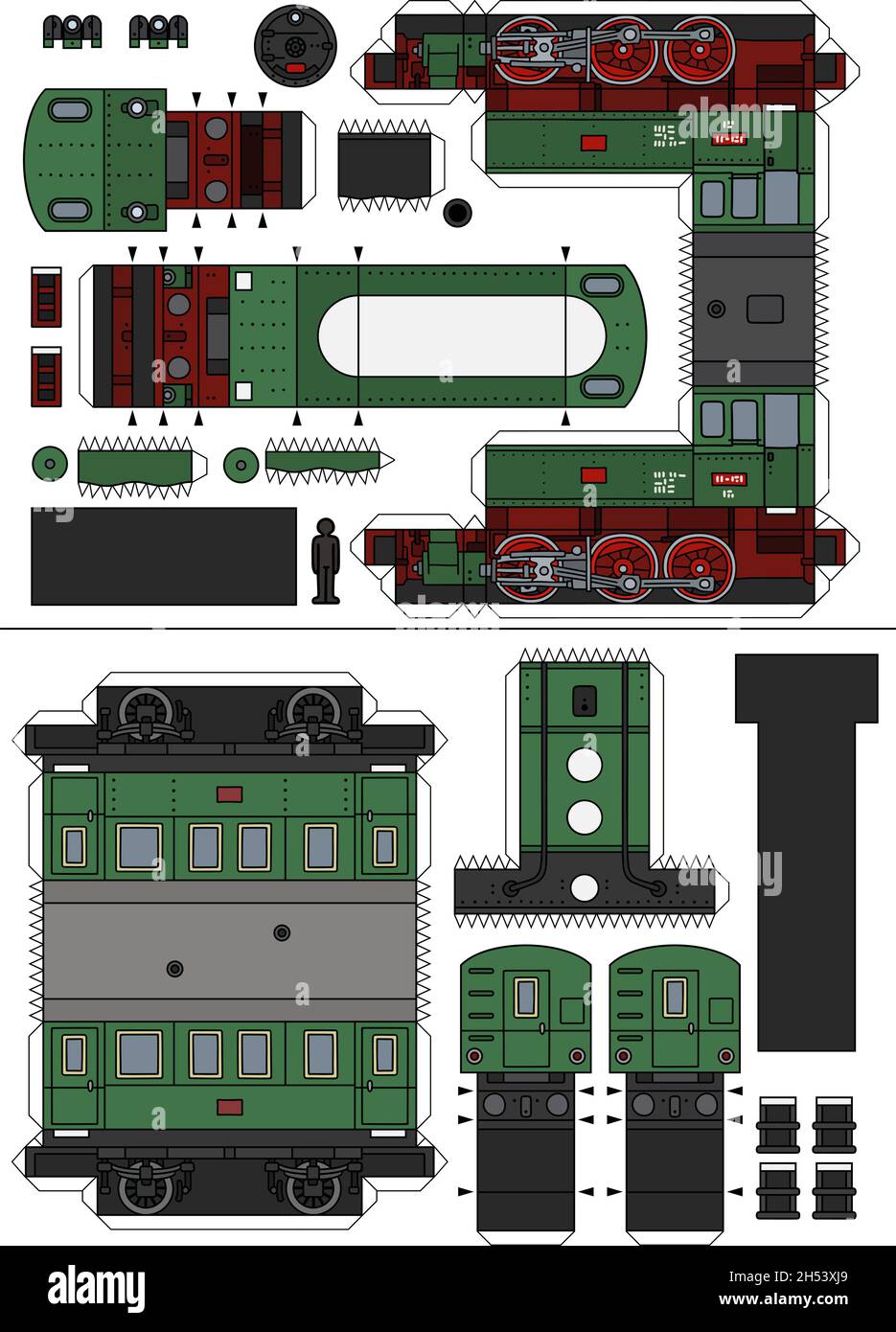 The paper model of a classic green steam locomotive and a passenger ...