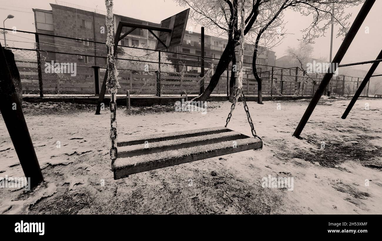 Old abandoned playground that looks very creepy with its metallic ...