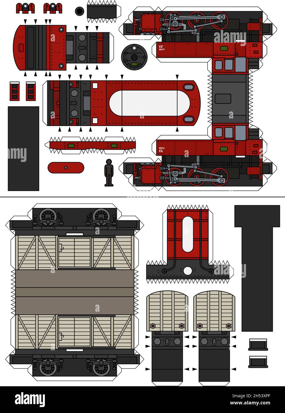 The paper model of a vintage red steam locomotive and a cream freight ...