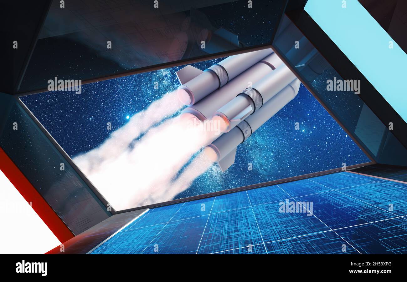 Space station view of the rocket, 3d rendering. Computer digitall ...