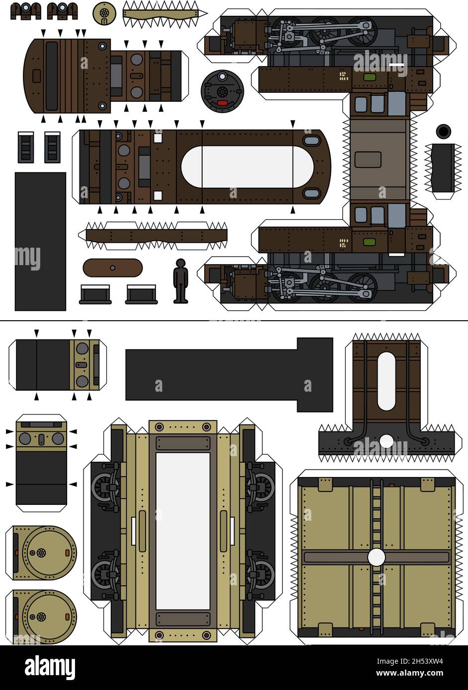 The paper model of a vintage red steam locomotive and a tank wagon ...