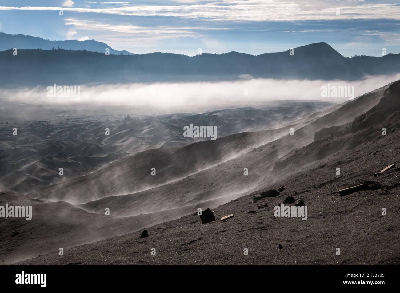 Sand and volcanic soil of Bromo in the mist of the Tengger caldera ...