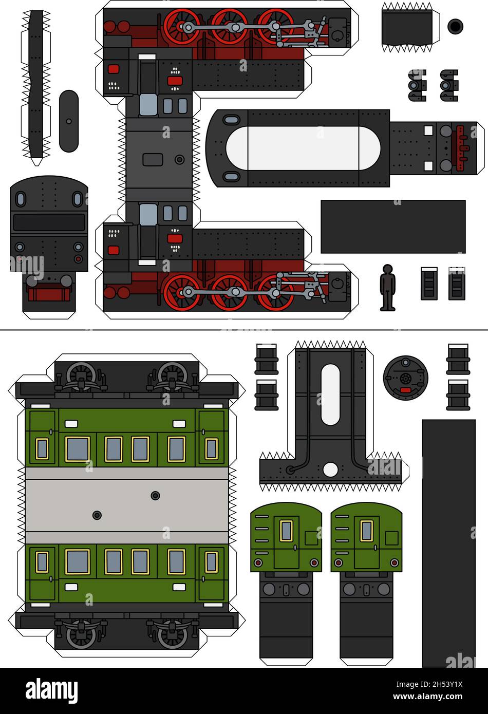 The paper model of a classic steam locomotive and a green coach Stock ...