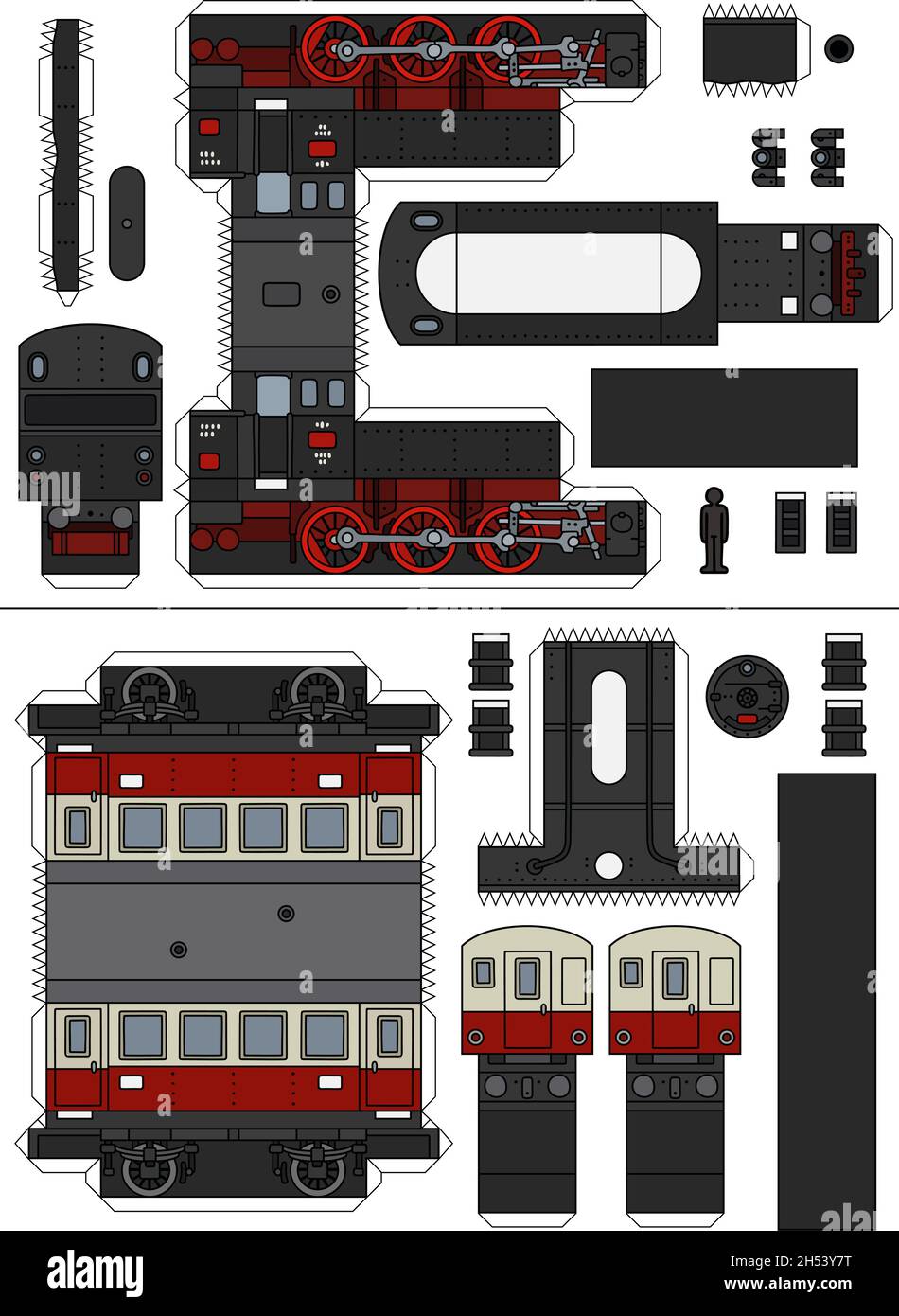 The paper model of a classic steam locomotive and a red and cream ...
