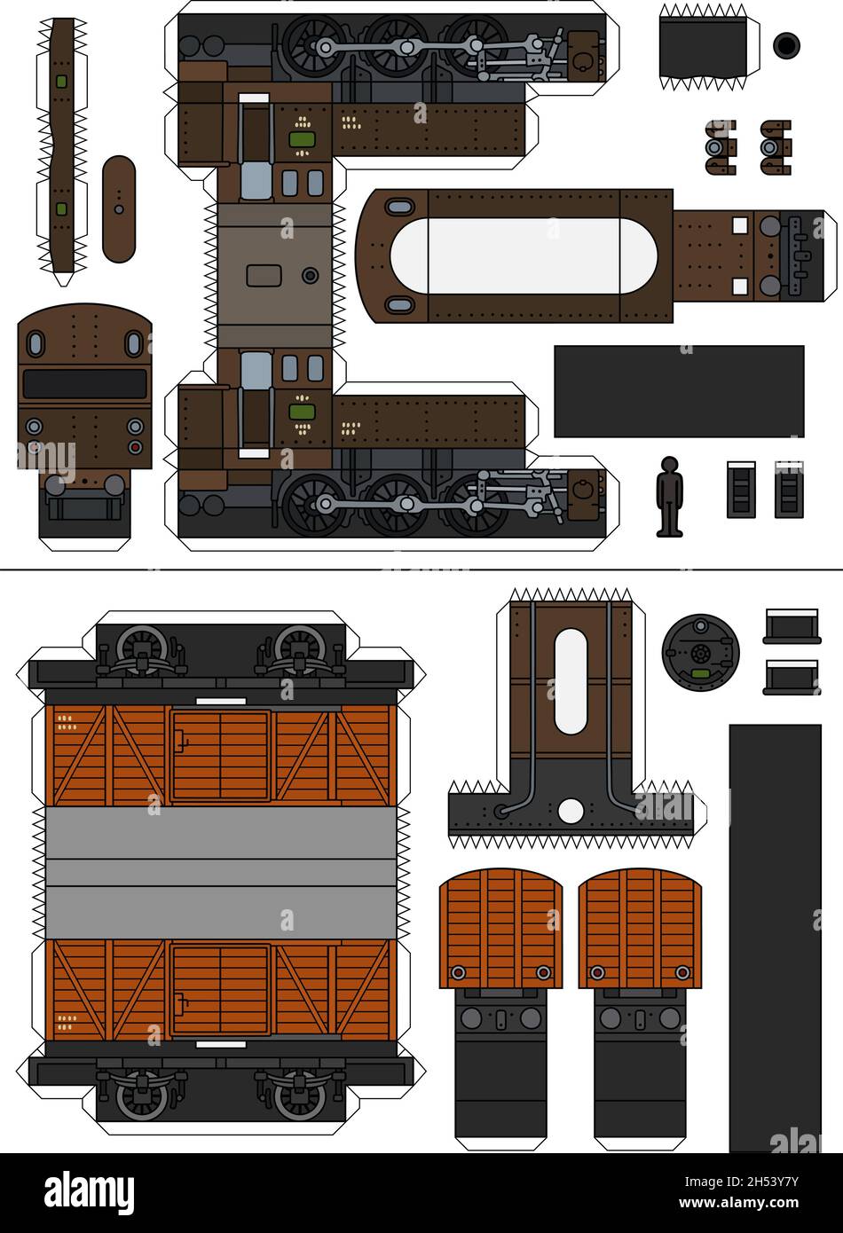 The paper model of a classic steam locomotive and a light brown freight ...