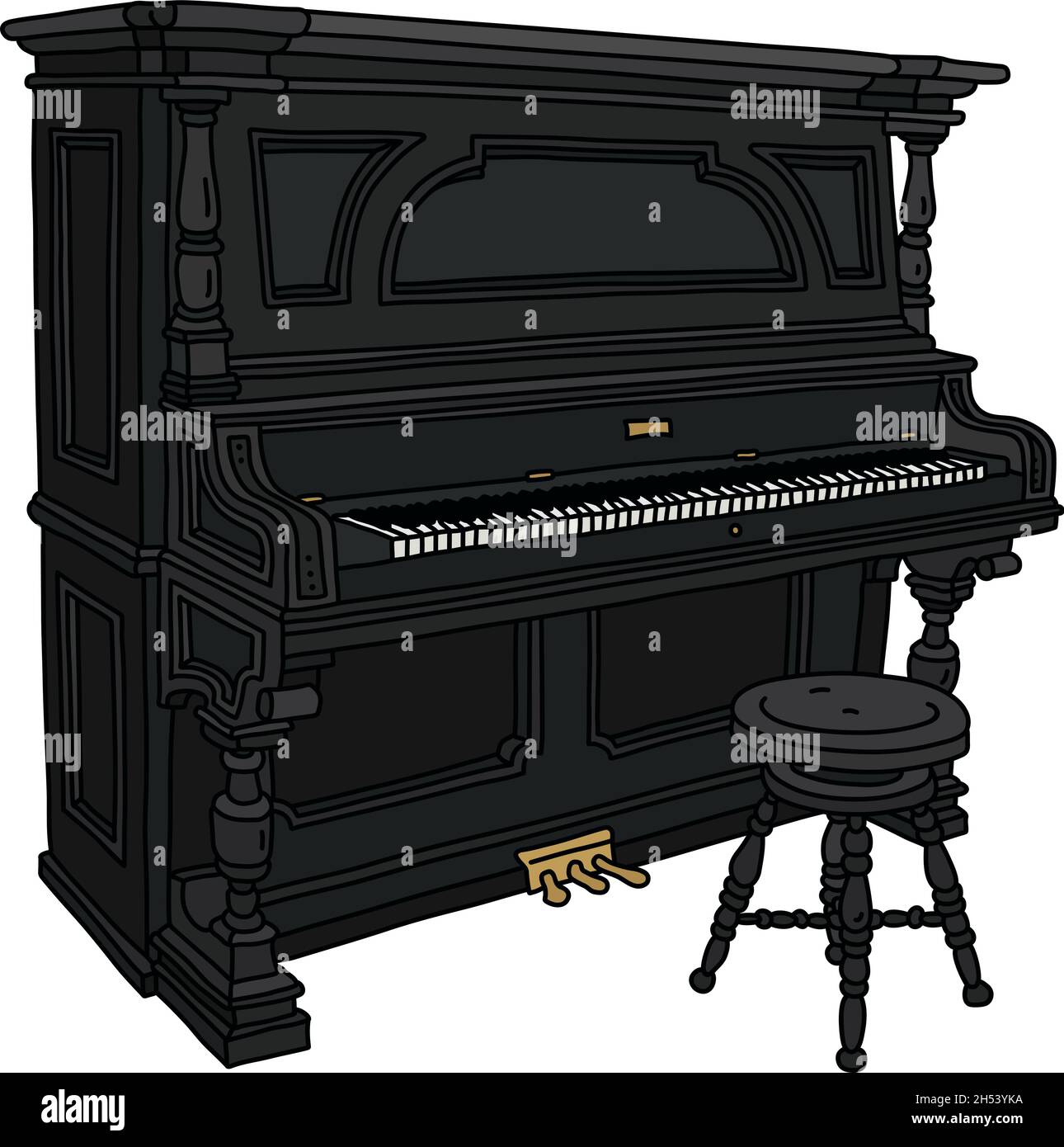 The vectorized hand drawing of a vintage black opened pianino with a ...