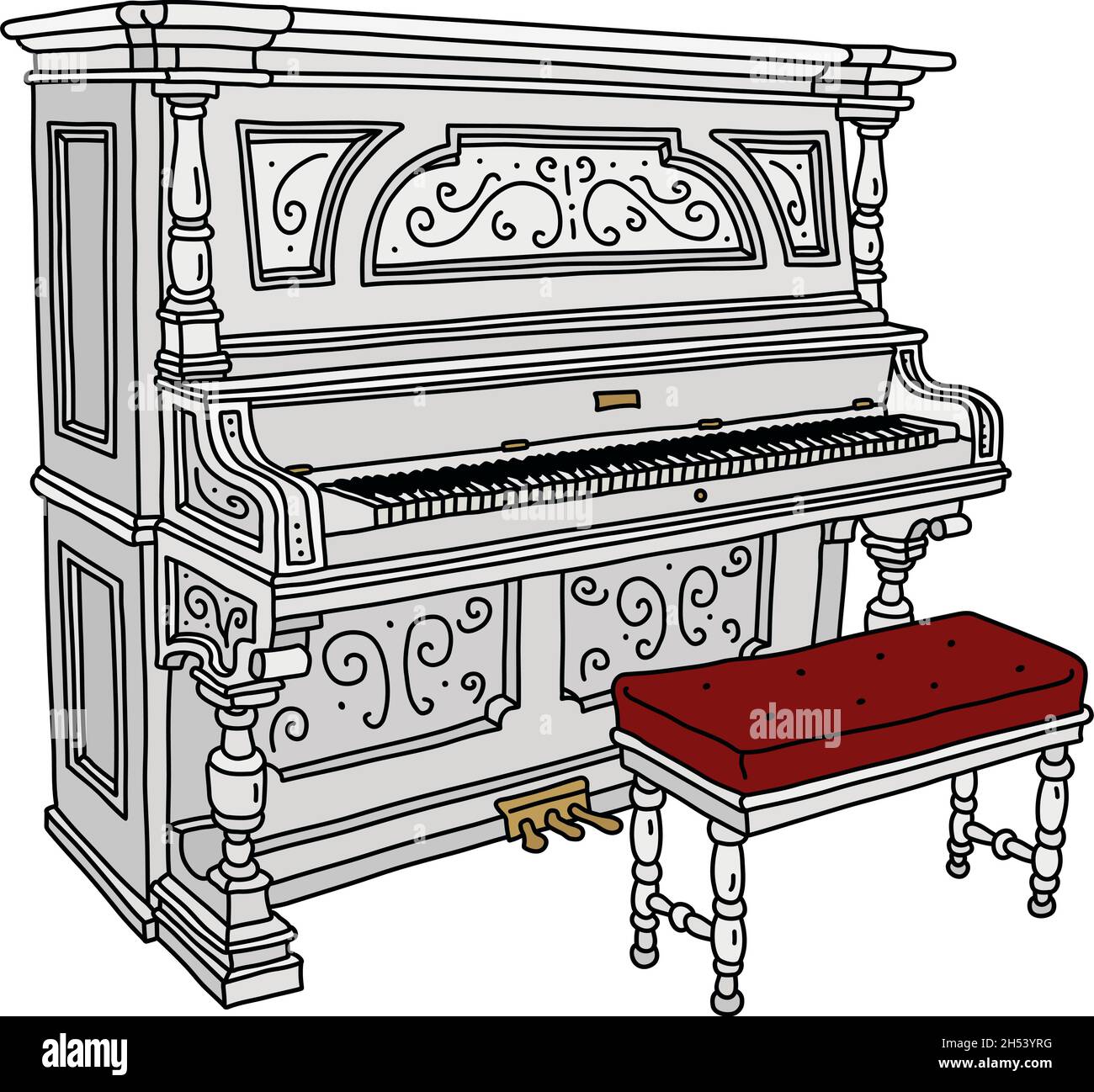 The vectorized hand drawing of a vintage white opened pianino with a ...