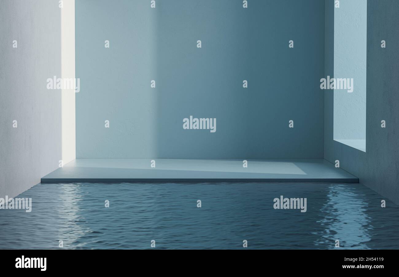 Floor and water in a empty room, 3d rendering. Computer digital drawing ...