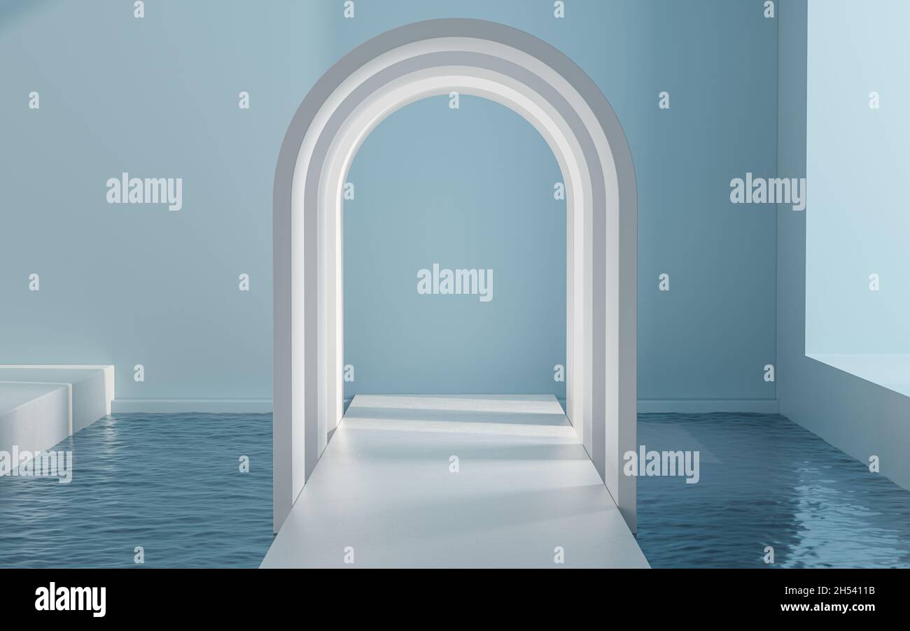 Water and arched door in the empty room, 3d rendering. Computer digital ...