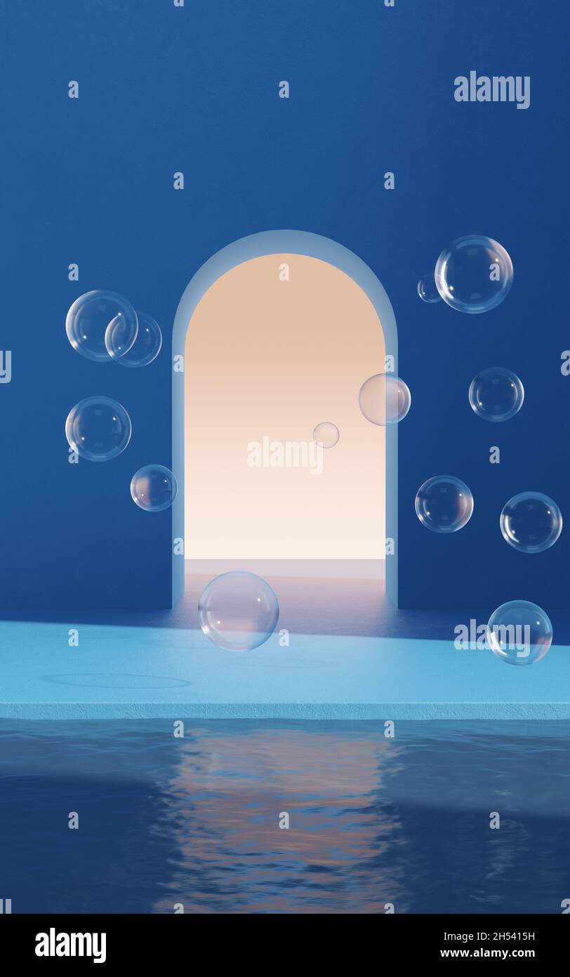 Bubbles and water in the empty room. 3d rendering. Computer digital ...