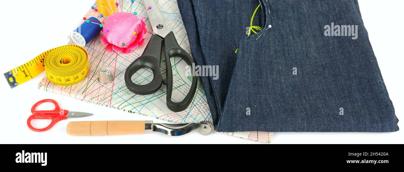 Sewing accessories and paper pattern isolated on white background. Flat ...