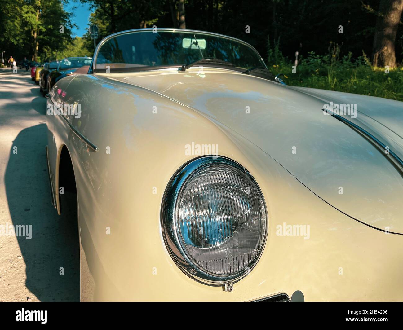 Perfectly restored vintage Porsche Cabrio 356, front view. Late summer ...