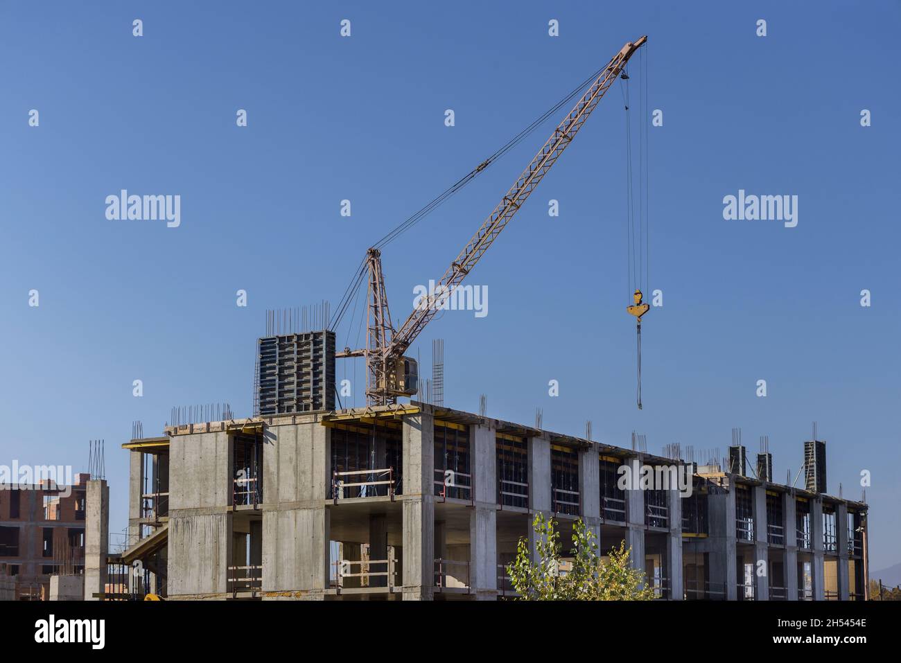 Panoramic top view several construction tower cranes of different ...