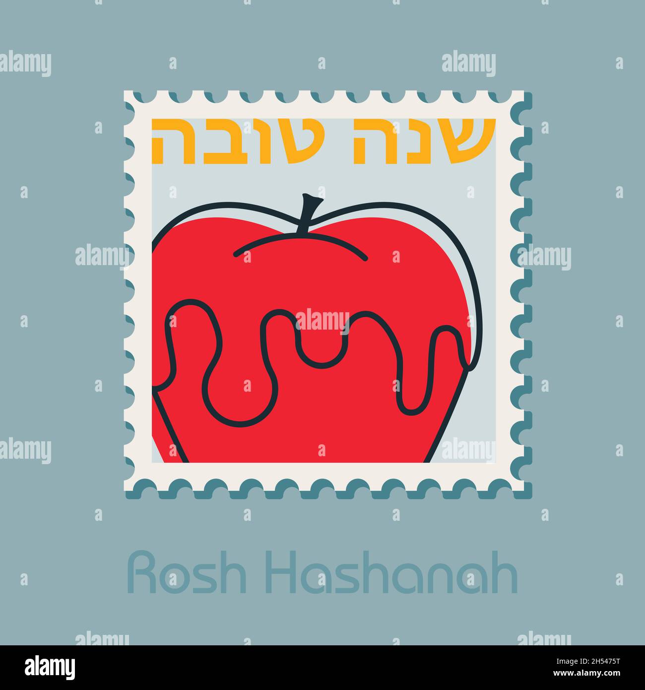 Honey on apple. Rosh Hashanah stamp. Shana tova. Happy and sweet new ...