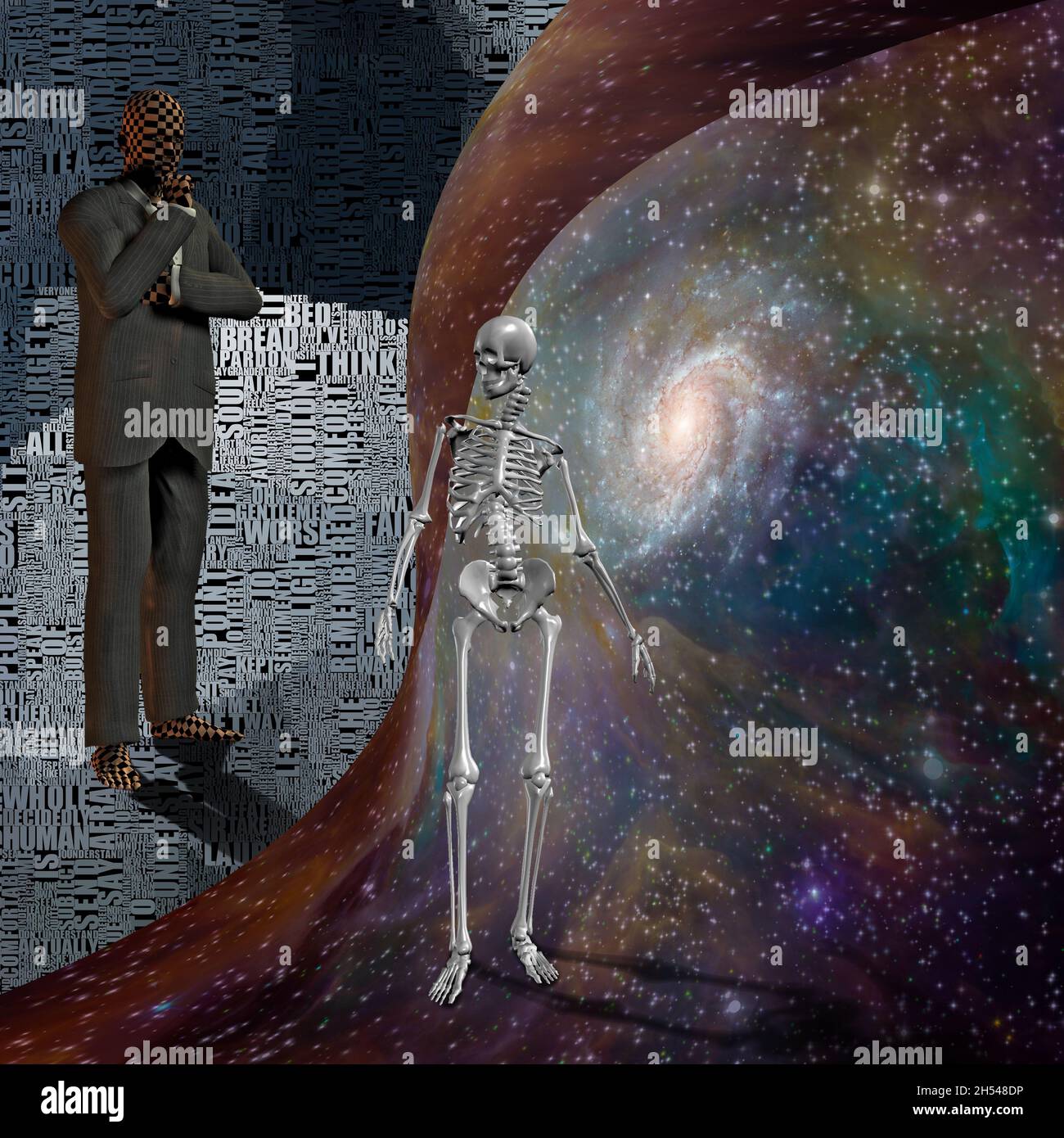 Skeleton in space. Thinking businessman with checkered face. 3D ...