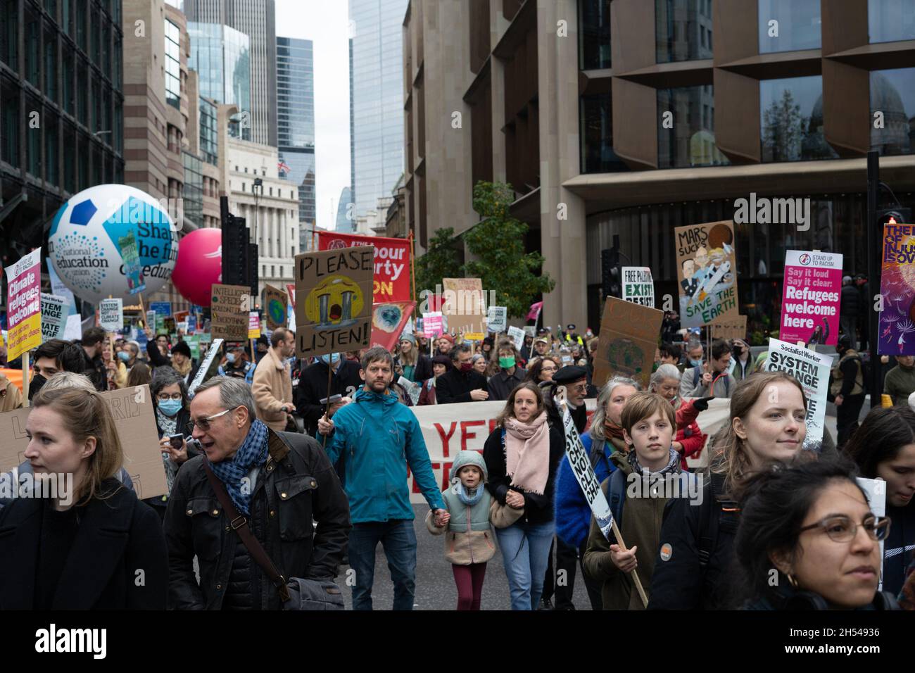 London, UK. 06th Nov, 2021. Protestors march toward Trafalgar Square ...