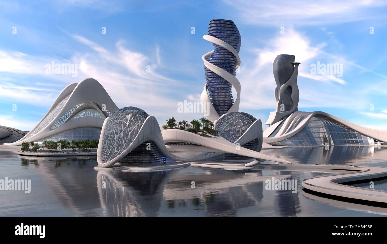 Futuristic city waterfront with organic architecture, with the clipping ...