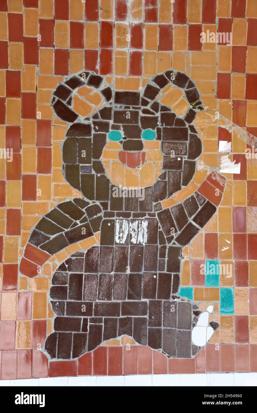 Misha the Bear mosaic in the Chernobyl Exclusion Zone at a bus stop ...
