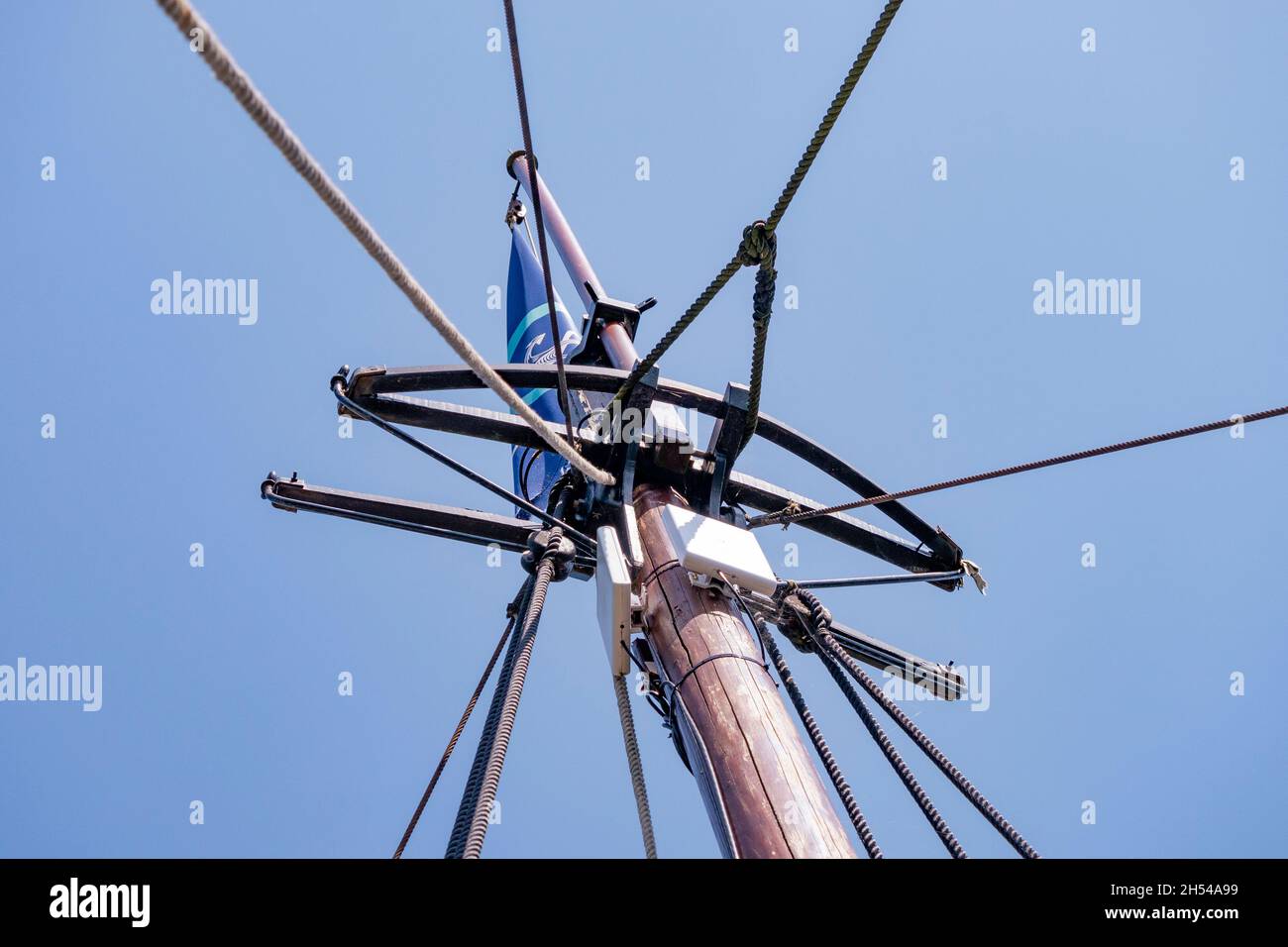 Mast and rigging from a boat moored in Charlestown Dockyard / Harbour ...
