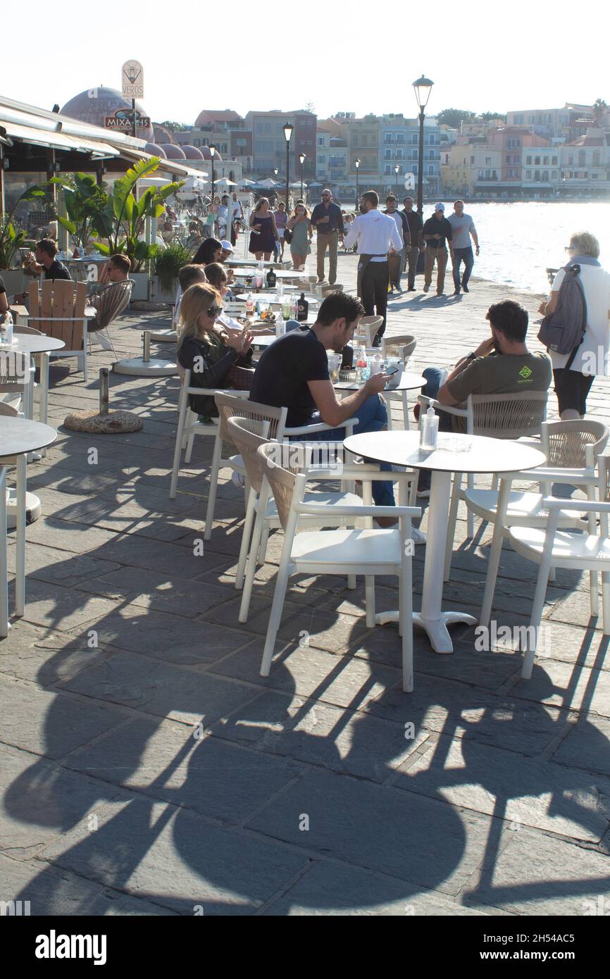 Chania, Crete - Greece - October 20 2021 : Sunlit pavement cafe at the ...