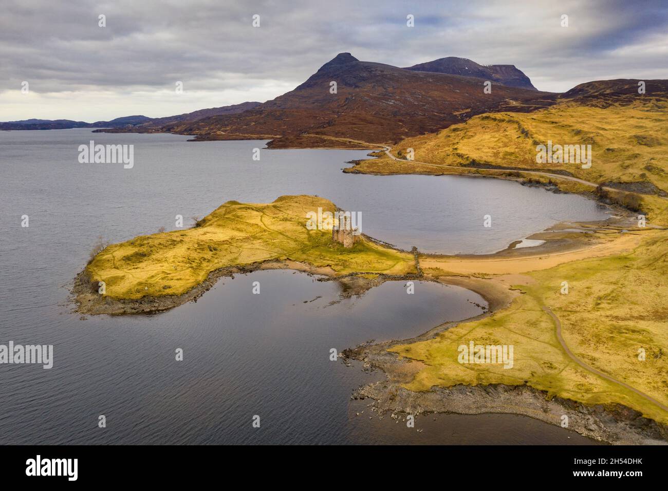 Aerial view of Ardvreck Castle,built by the Macleod Clan in the ...