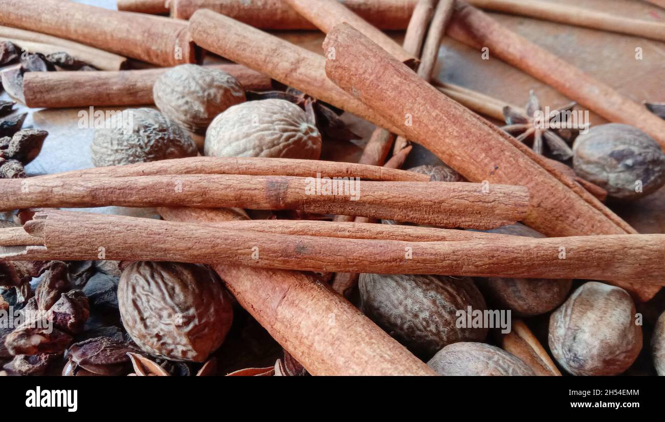 Closeup photos of authentic Indonesian spices such as cinnamon, anise ...