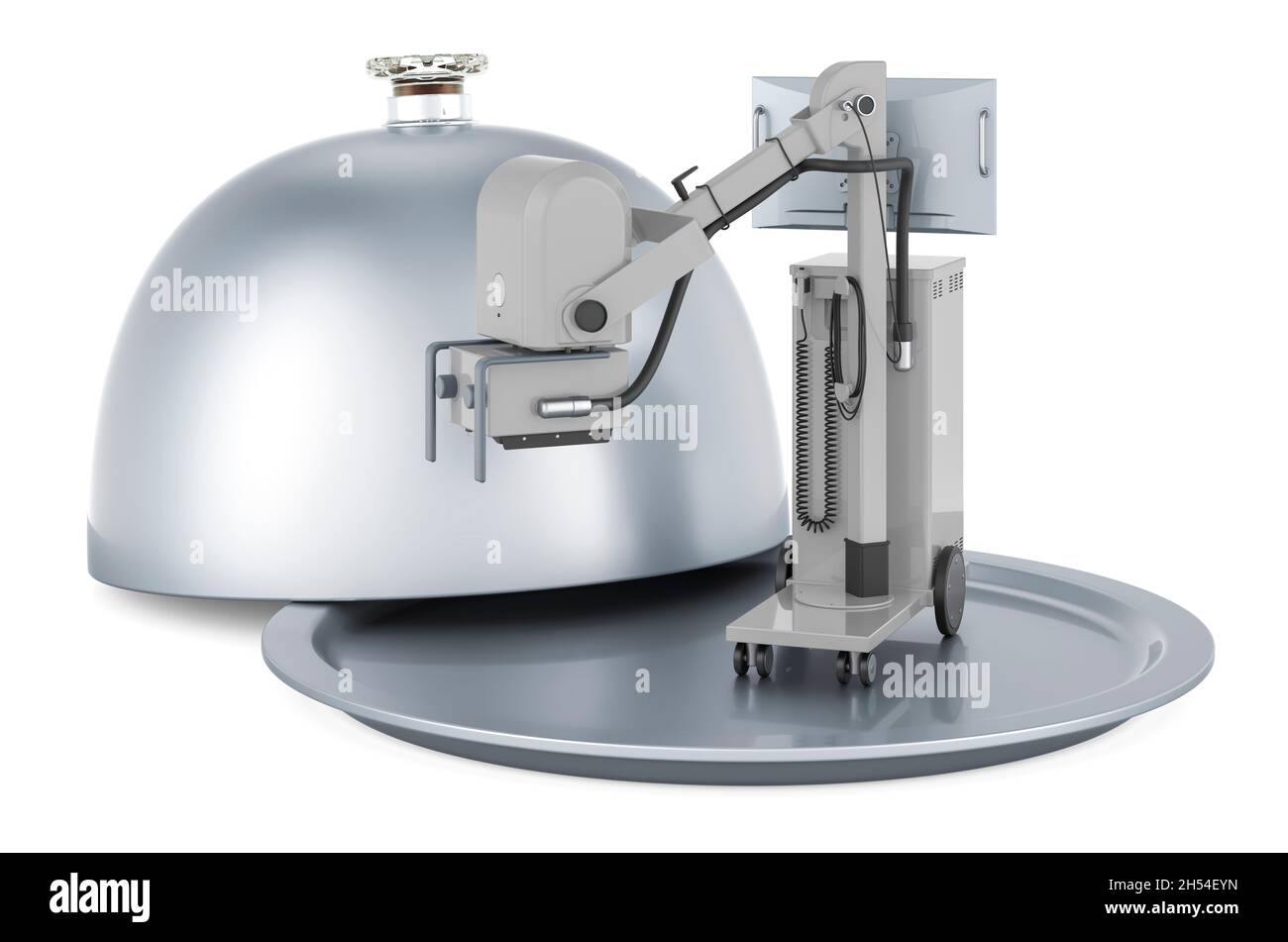 Restaurant cloche with mobile x-ray machine. 3D rendering isolated on ...