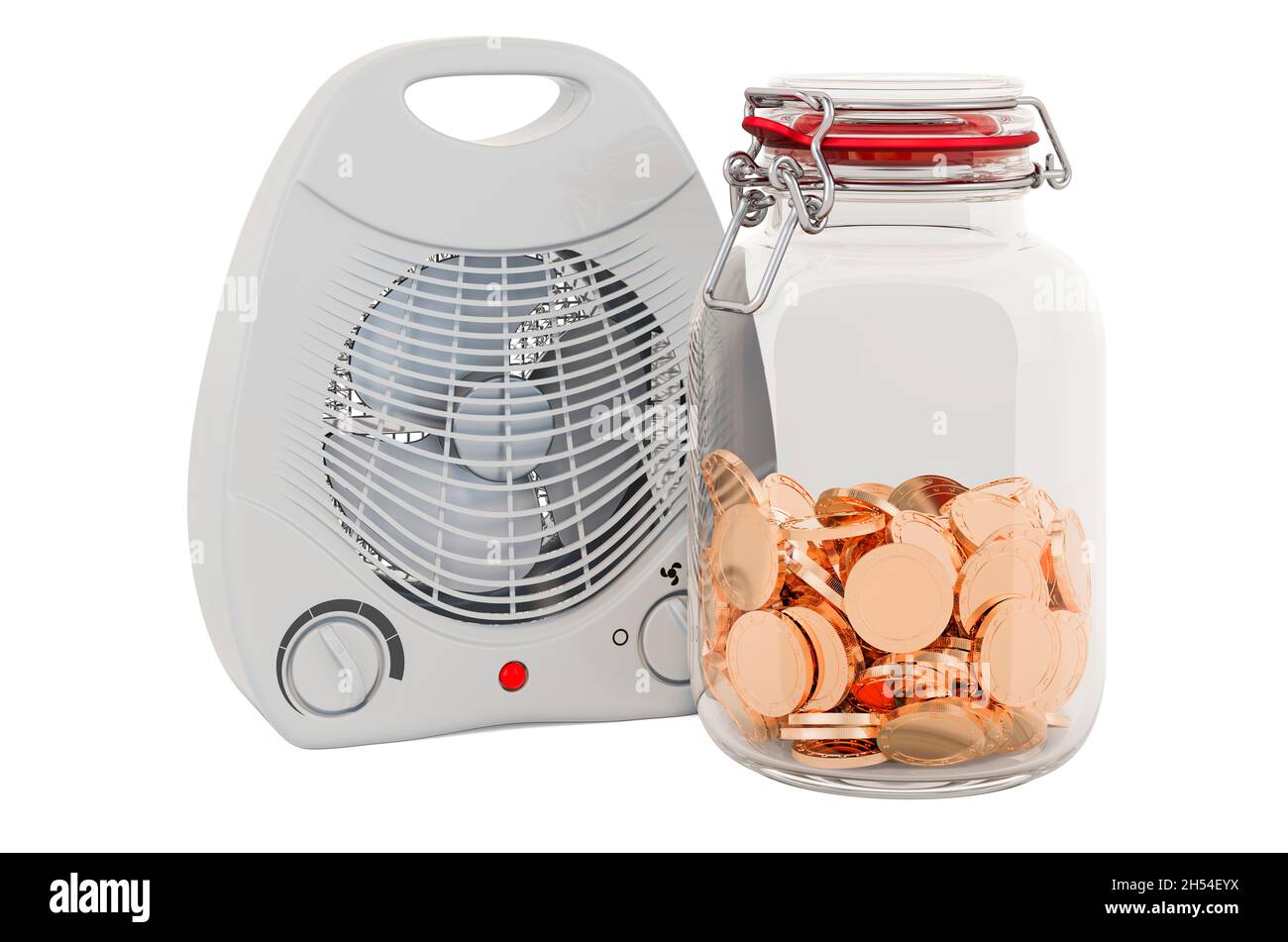 Fan heater with glass jar full of golden coins, 3D rendering isolated ...