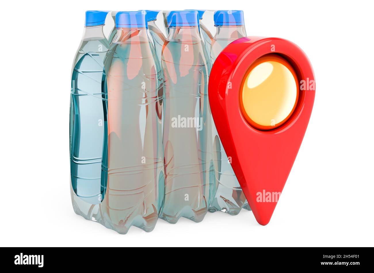 Map pointer with water bottles wrapped in the shrink film. 3D rendering ...