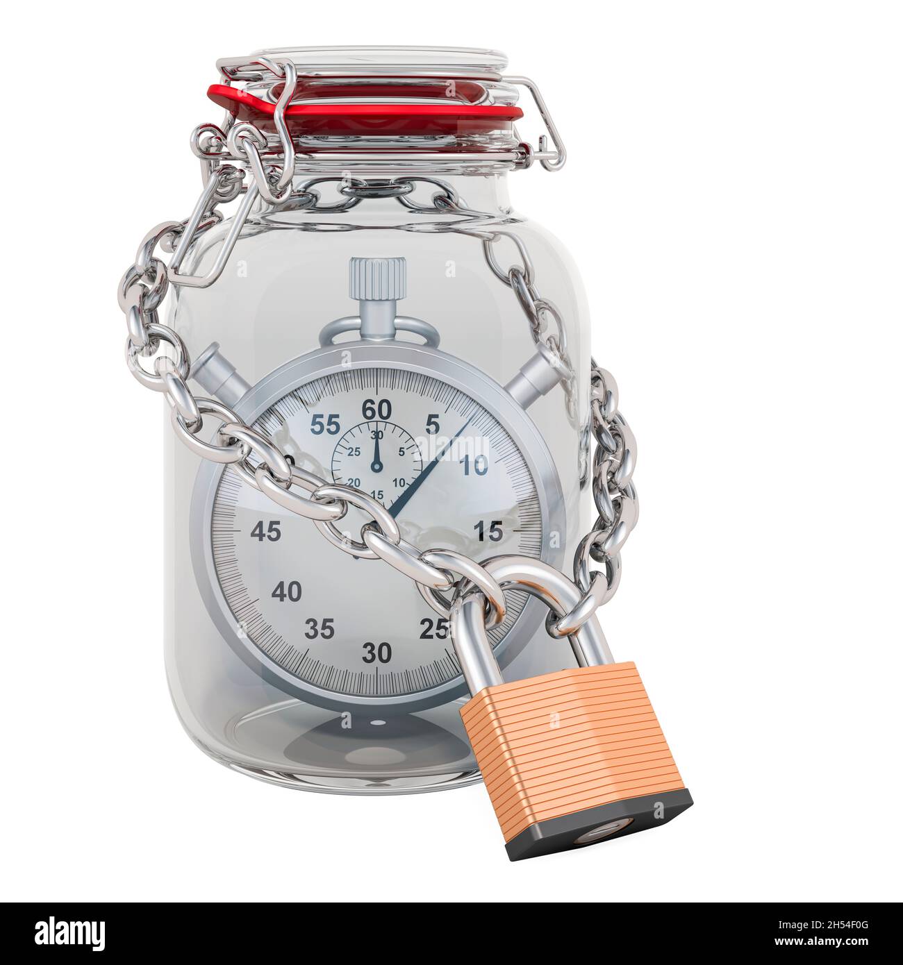 Stopwatch inside glass jar with chain and padlock. 3D rendering ...