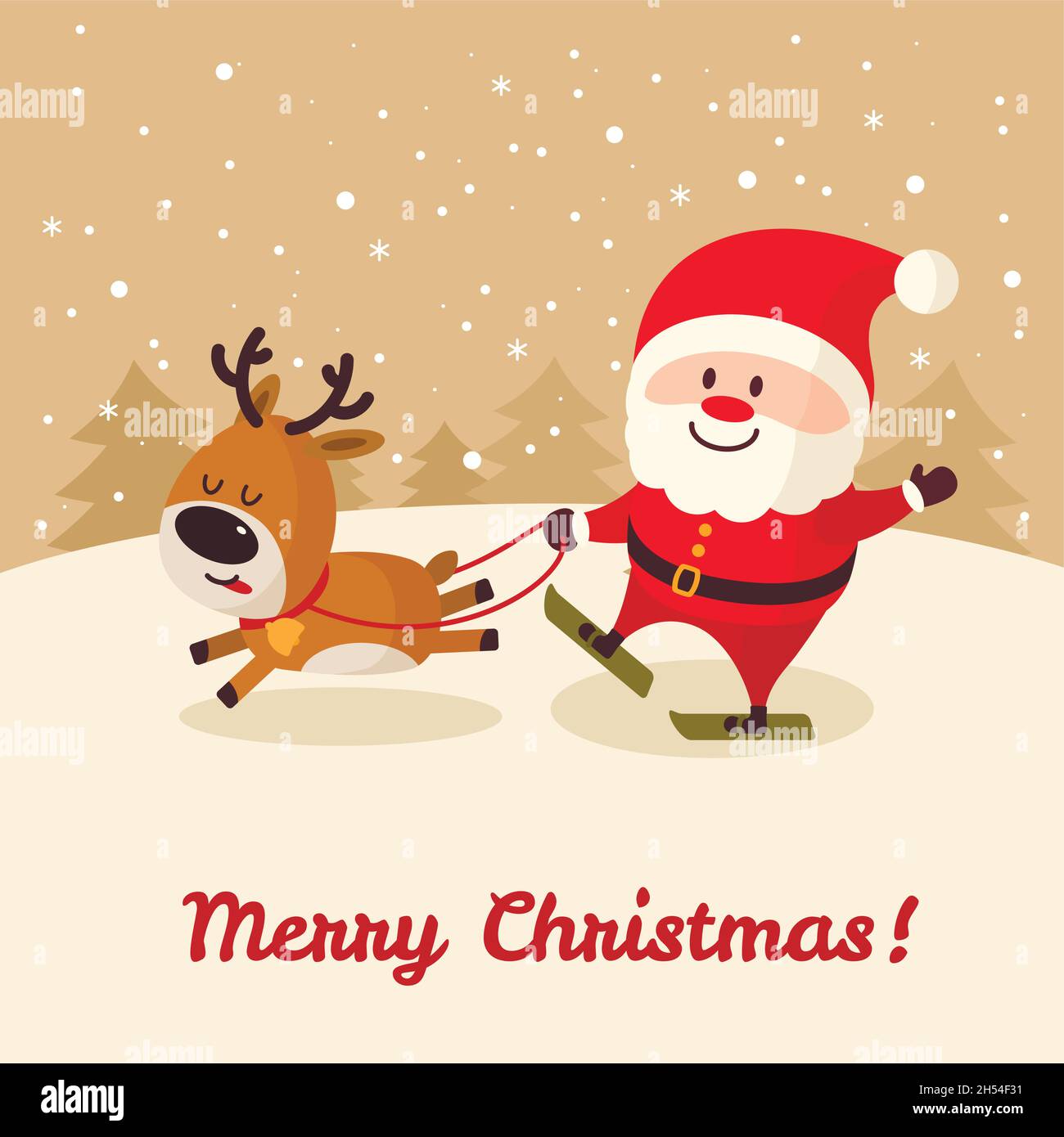 Santa Claus and deer skiing. Merry Christmas and Happy New Year ...