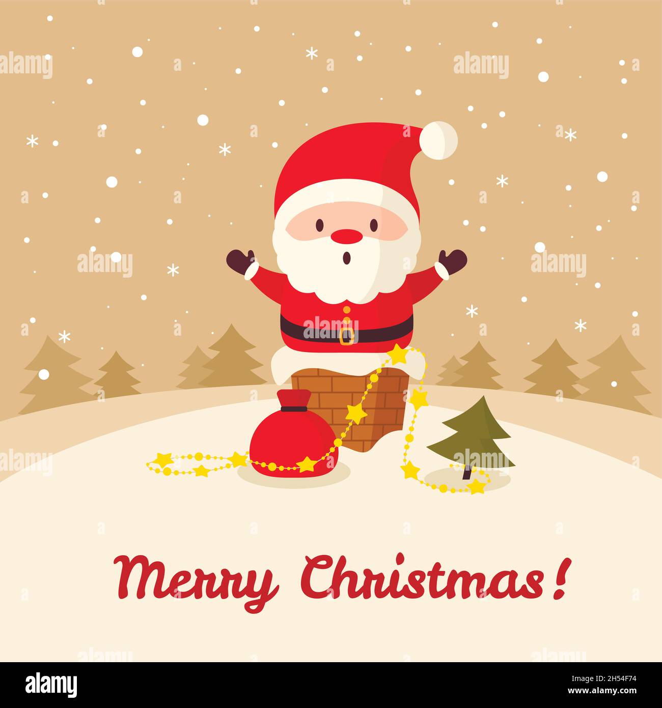 Santa Claus stuck in chimney. Garland, bag of gifts and Christmas tree ...