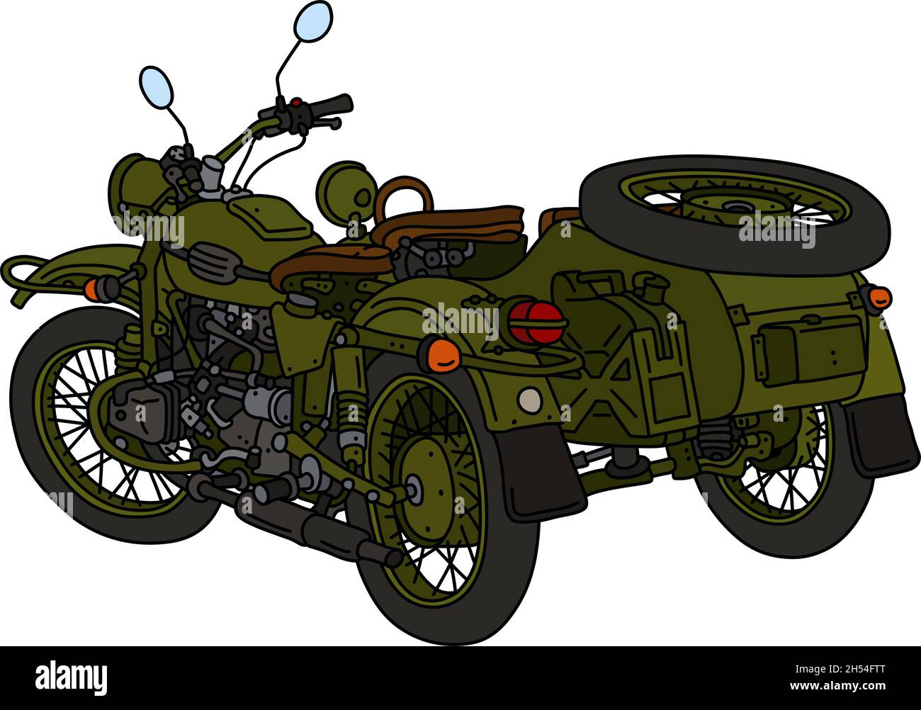 The vectorized hand drawing of a classic khaki green military sidecar ...