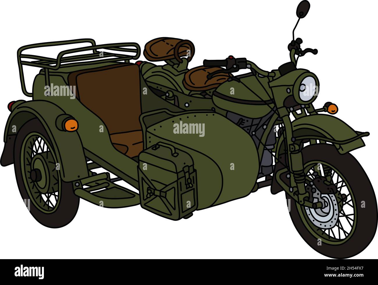 The vectorized hand drawing of a classic khaki green military sidecar ...